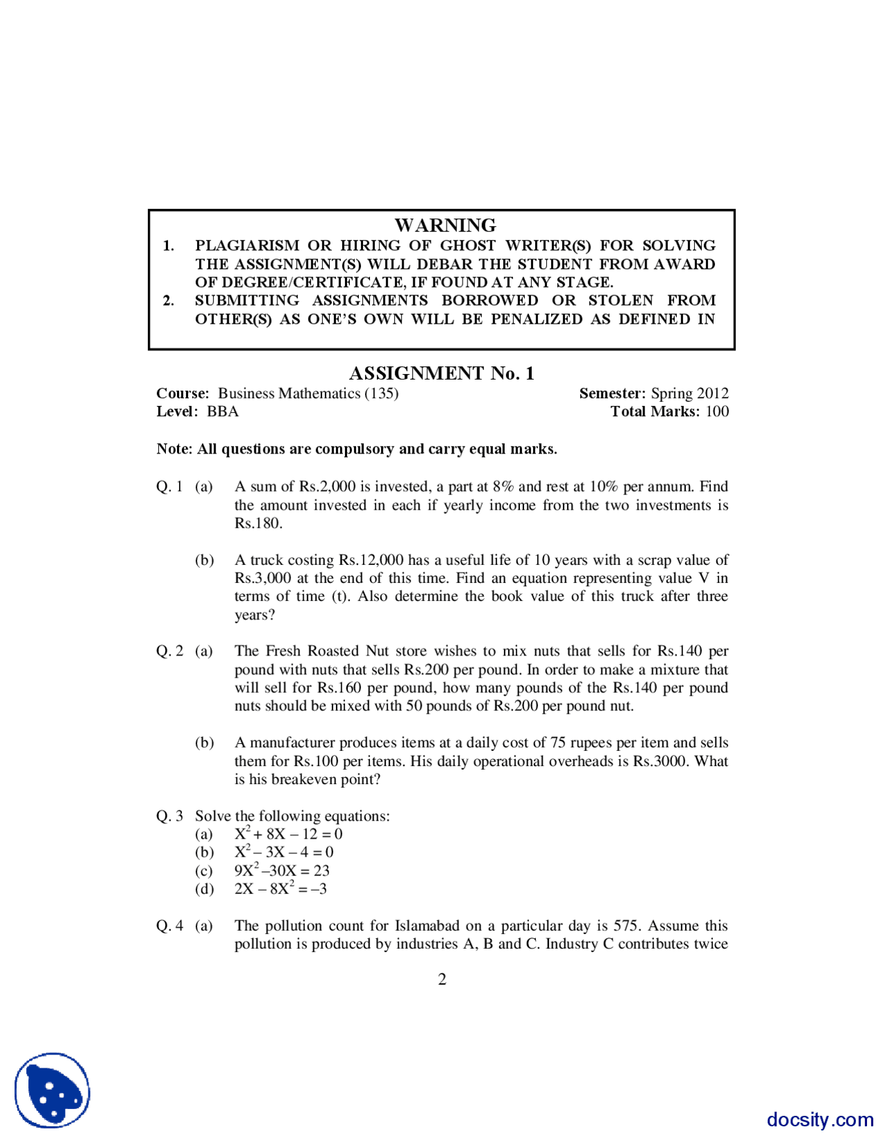 Business Math Business Managment Assignmnet Docsity