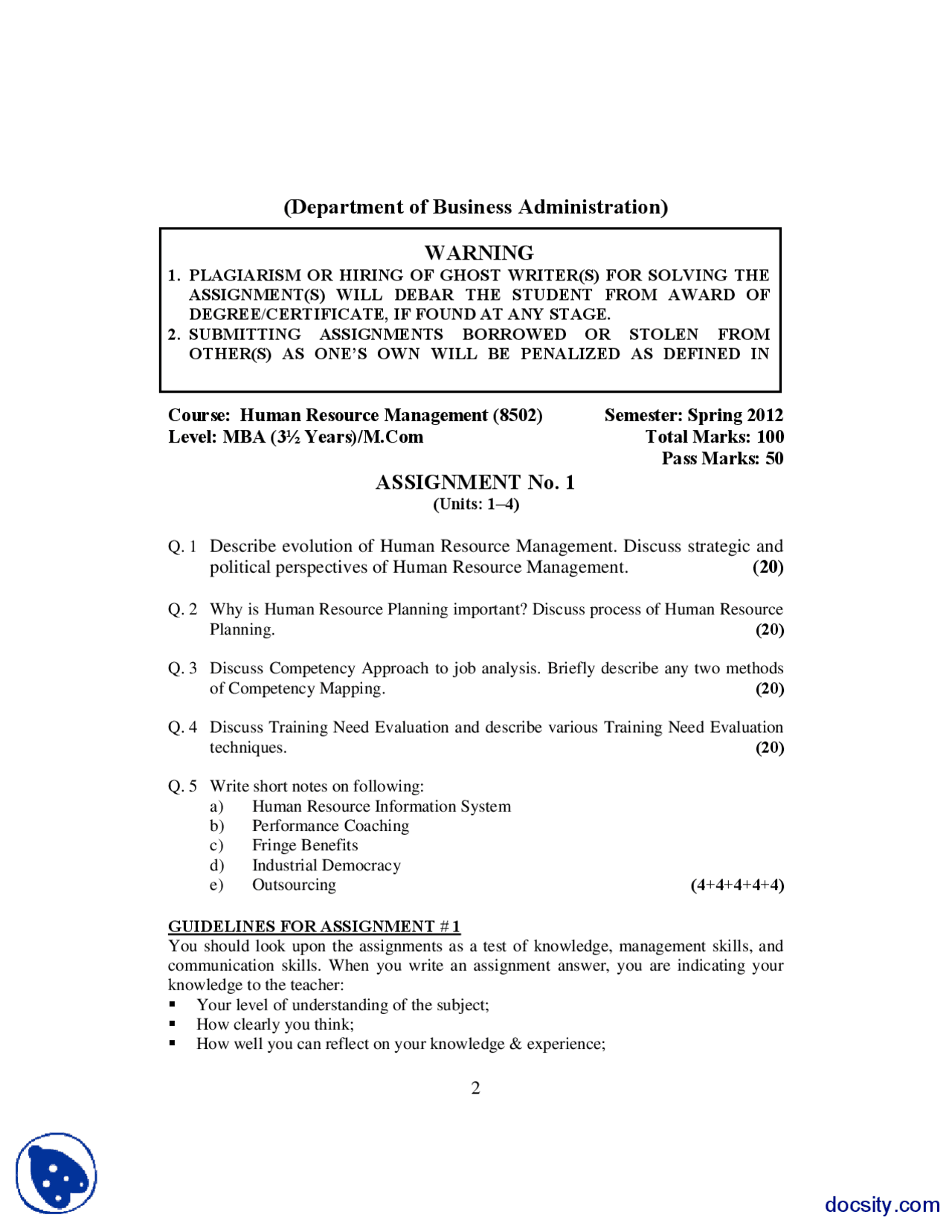 Human Resource Management Business Managment Assignmnet Docsity