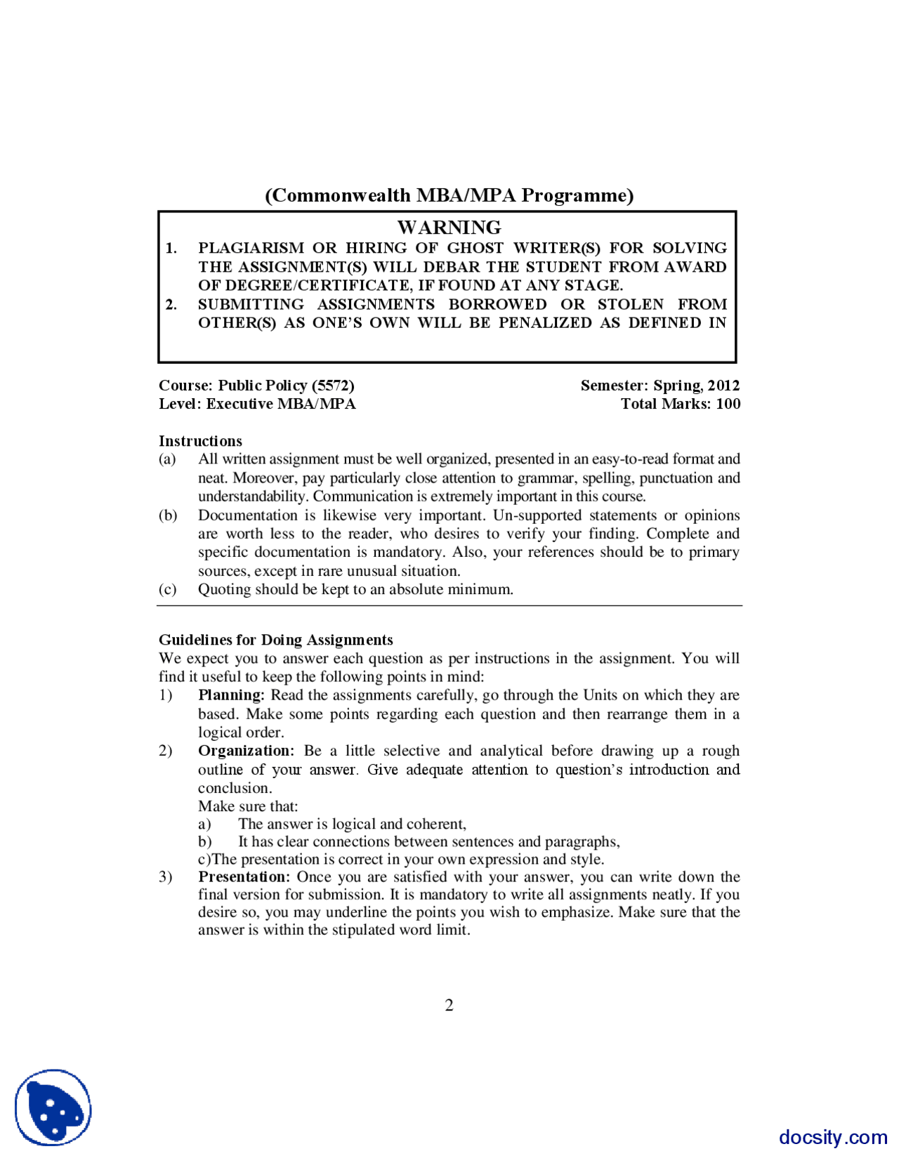 Public Policy Business Managment Assignmnet Docsity