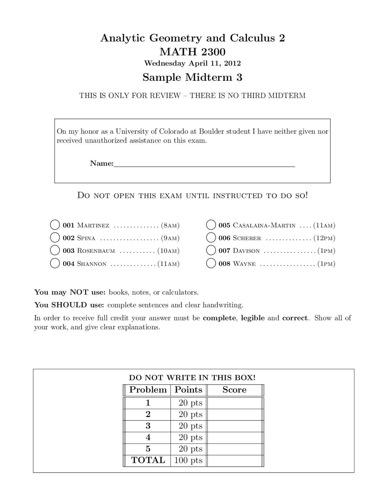 Sample Midterm Exam 3 Analytic Geometry And Calculus 2 Math 2300