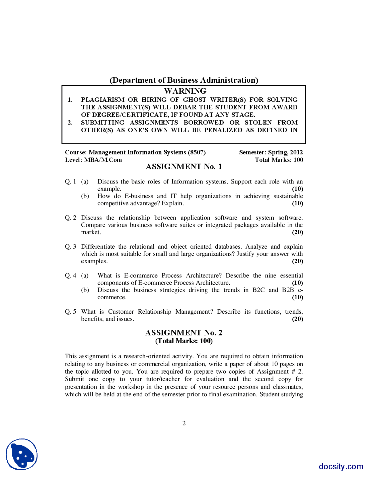Management Information Systems Business Managment Assignmnet Docsity