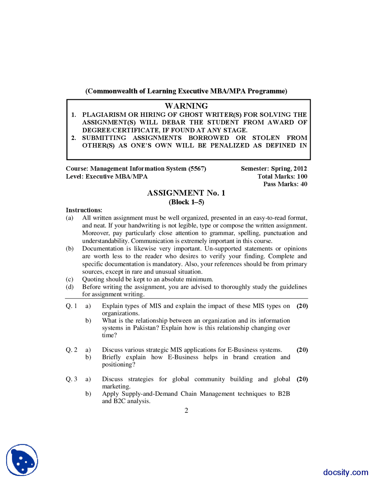 Management Information System Business Managment Assignmnet Exercises