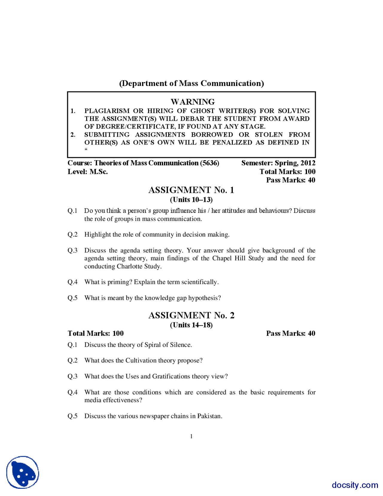 Theories Of Mass Communication Business Managment Assignmnet Docsity