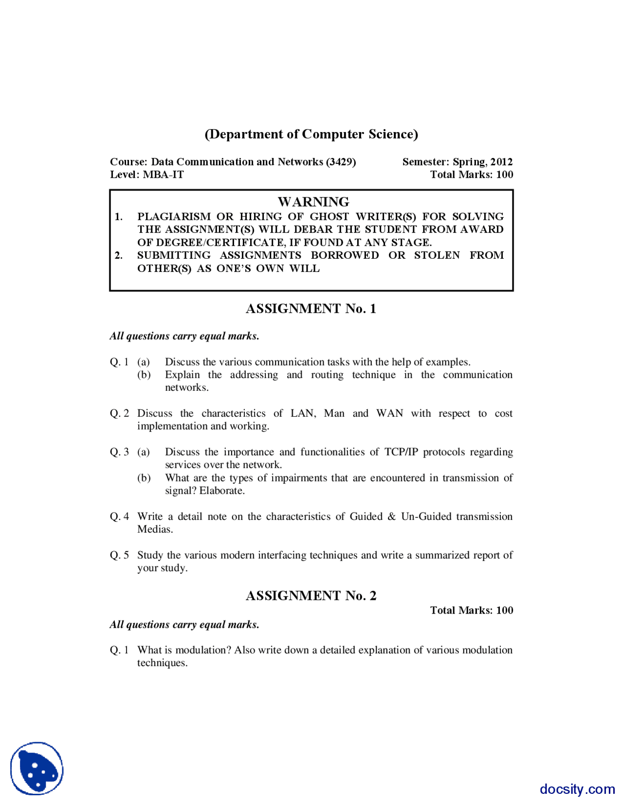 Data Communication And Networks Computer Science Assignment Docsity