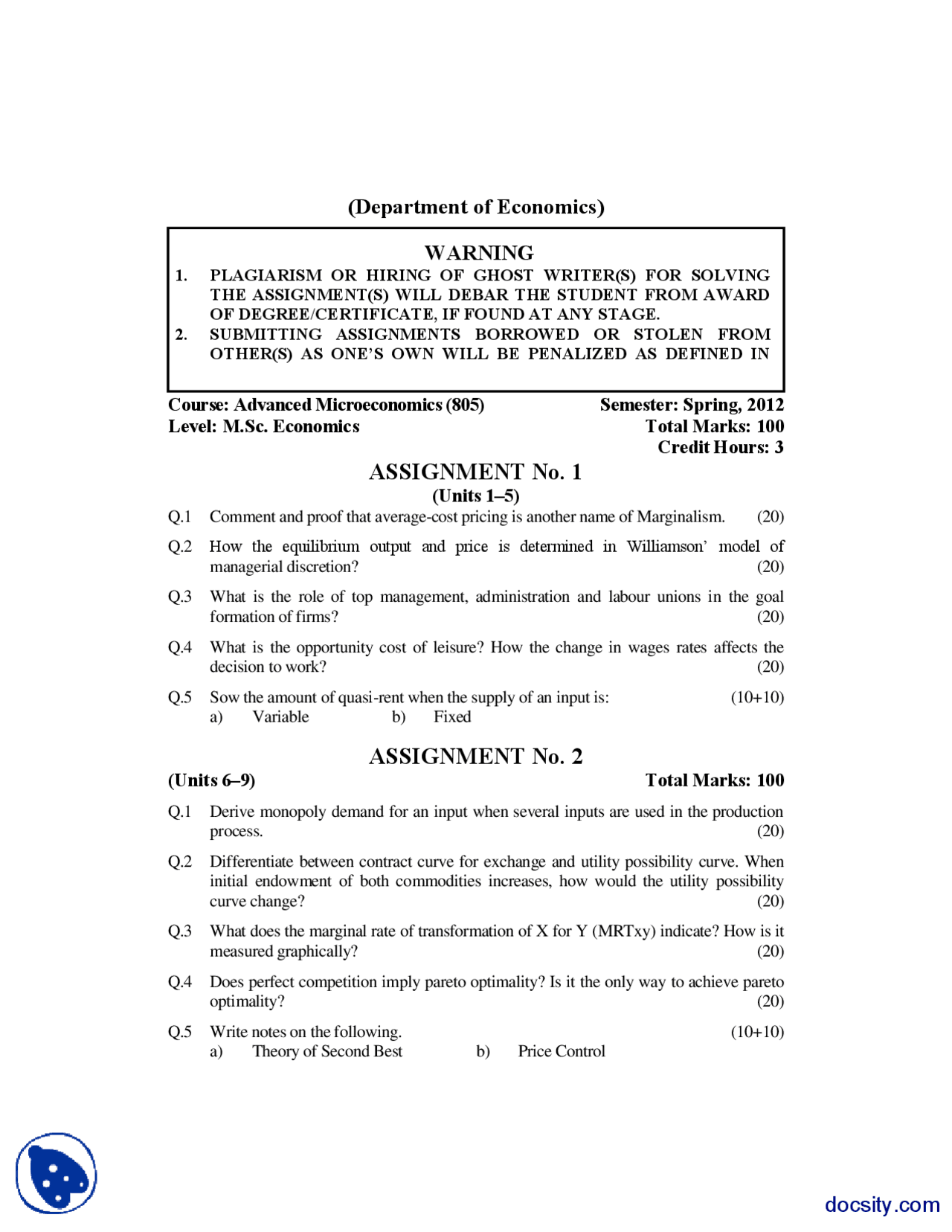 Advance Microeconomics Part 3 Business Managment Assignmnet Docsity
