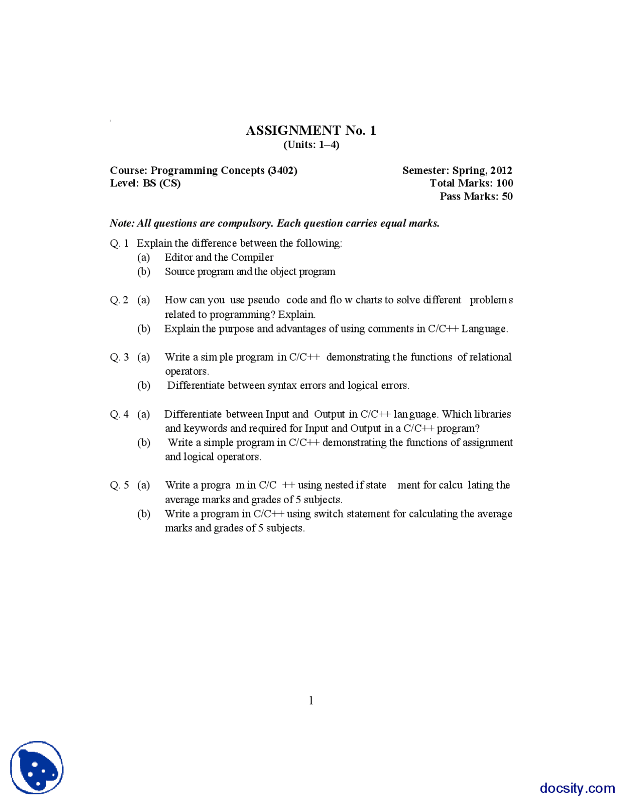Programming Concepts Computer Science Assignment Docsity 9657