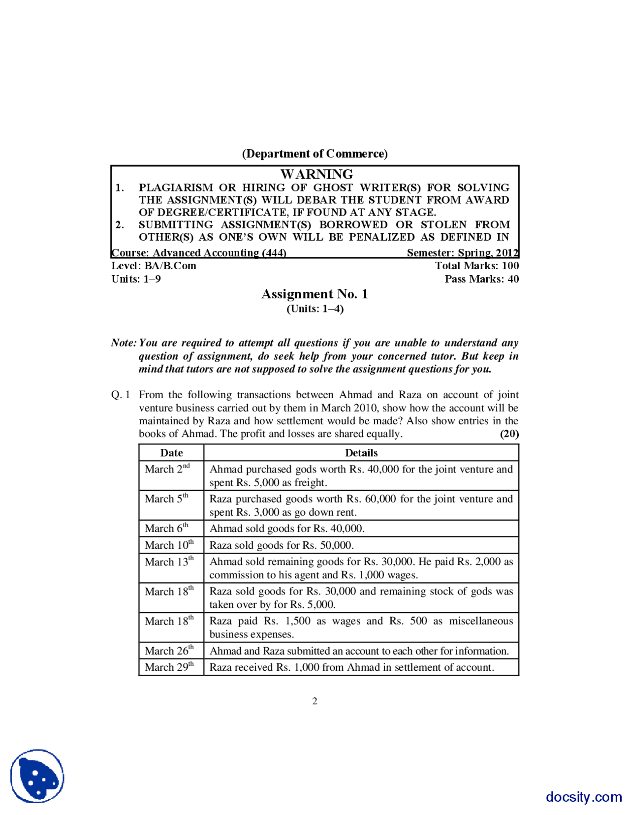 Advanced Accounting Business Managment Assignmnet Docsity