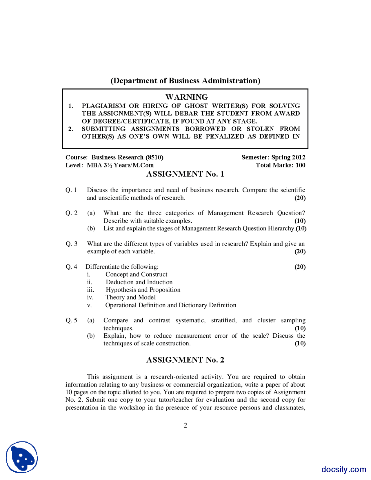 Business Research Methods Business Managment Assignmnet Docsity