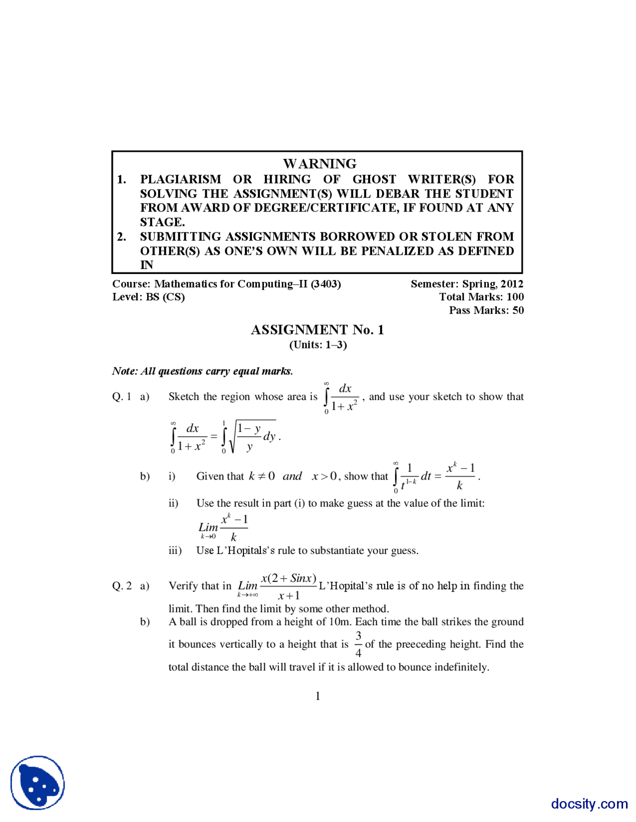 Mathematics for Computing II-Computer Science-Assignment - Docsity