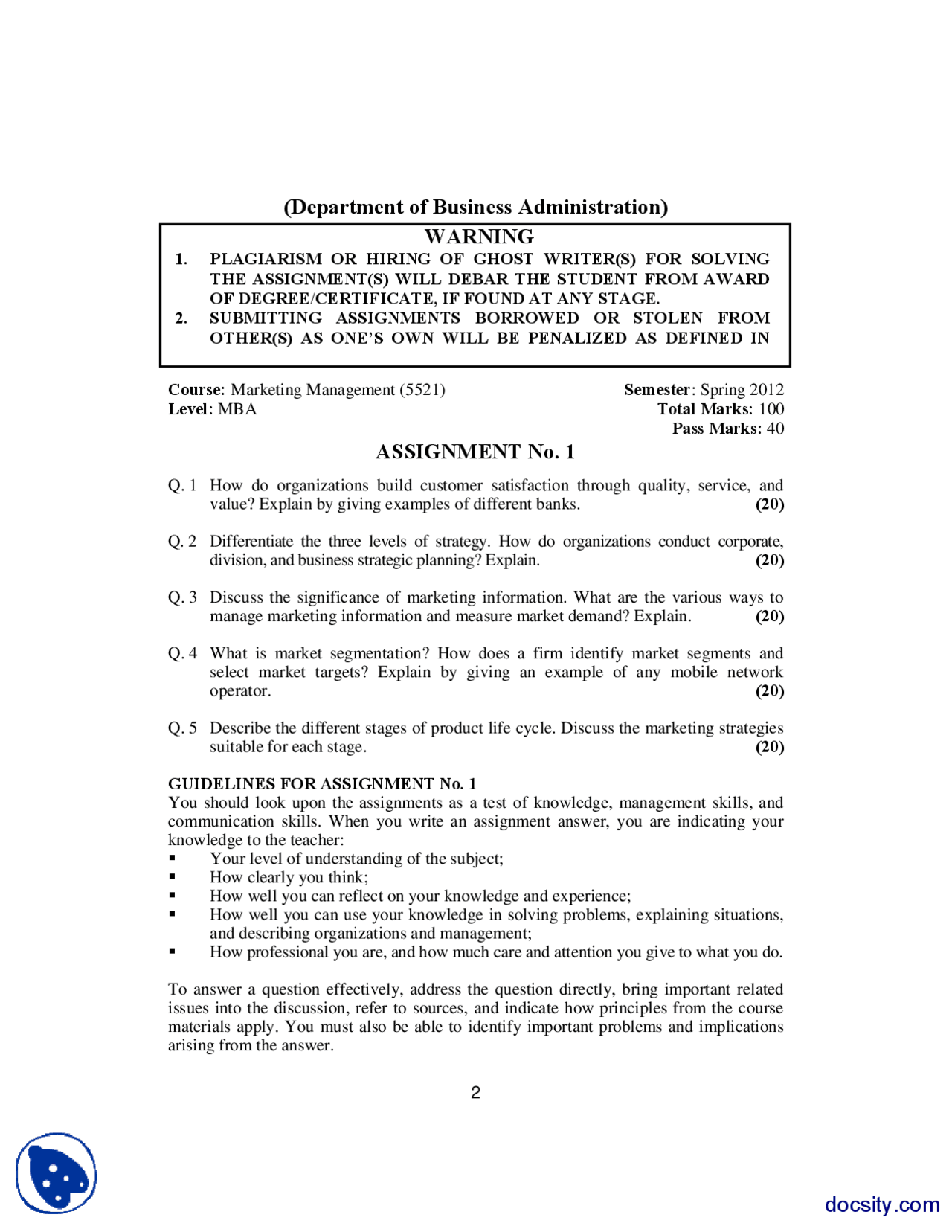 Marketing Management Part 1 Business Managment Assignmnet Docsity