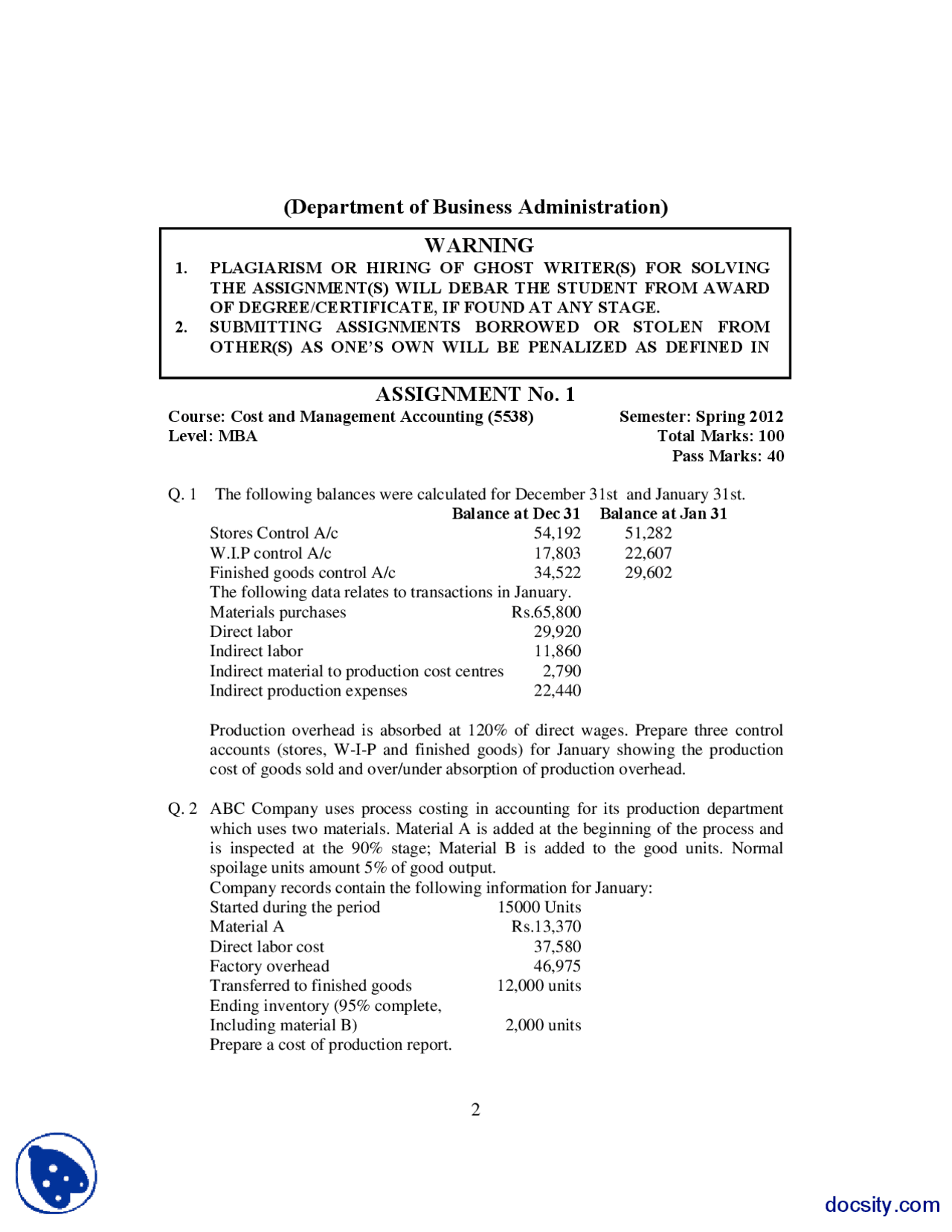 Cost And Management Accounting Business Managment Assignmnet Docsity
