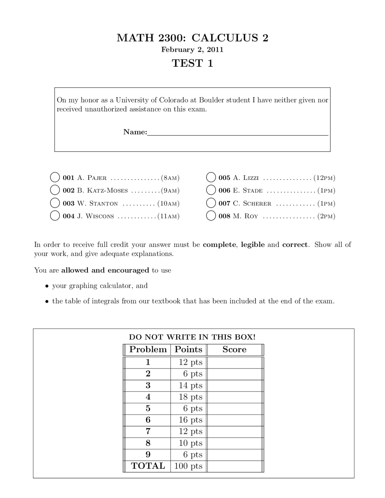 Solution For Exam 1 Analytic Geometry And Calculus 2 Math 2300