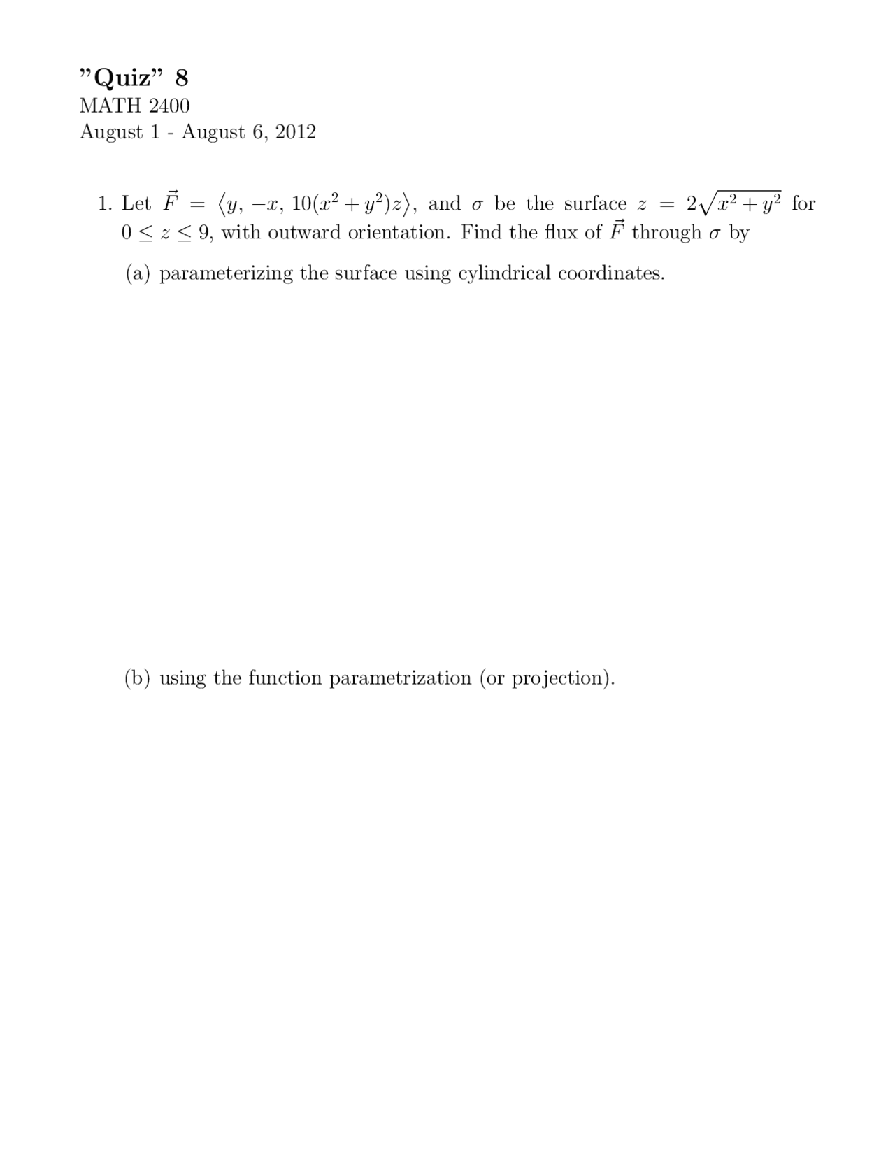 Analytic Geometry And Calculus 3 Quiz 3 Questions Math 2400 Docsity