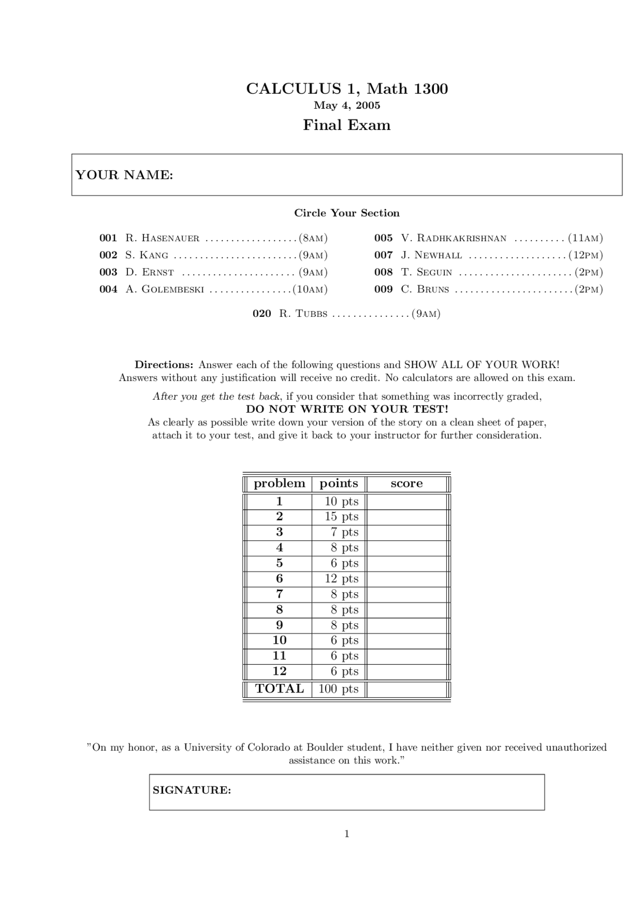 Final Exam Fall 2005 - Analytic Geometry and Calculus 1 | MATH 1300 | Exams Analytical Geometry ...