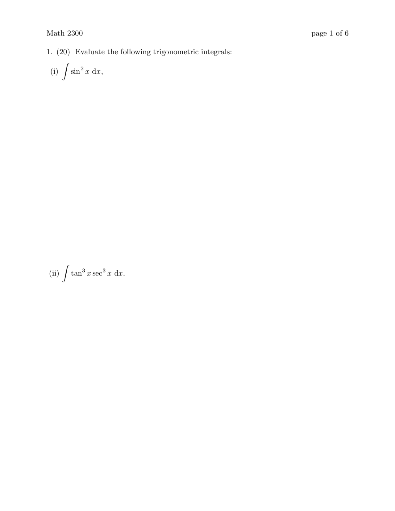5 Solved Problems On Trigonometric Integrals Exam 1 Math 2300 Docsity