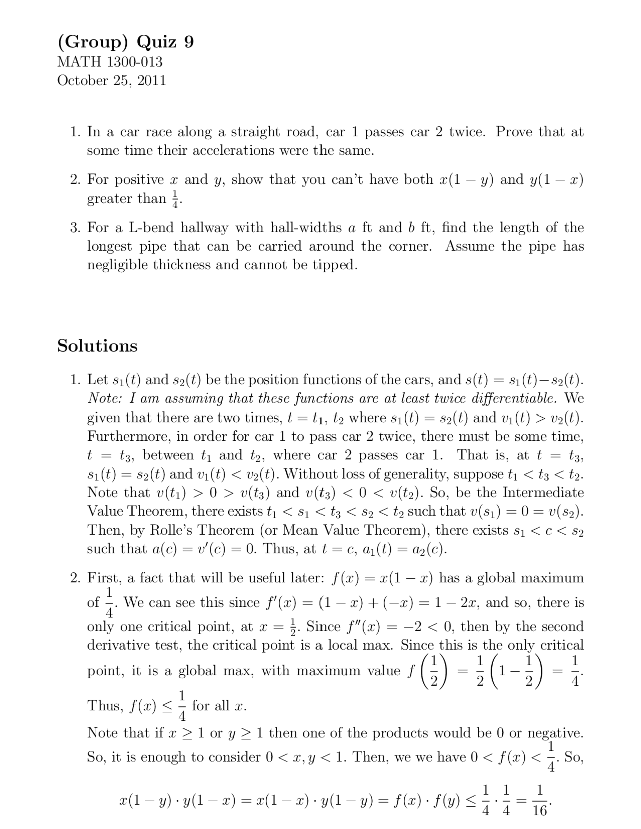 Solved Quiz 9 For Analytical Geometry And Calculus 1 Math 1300 Docsity