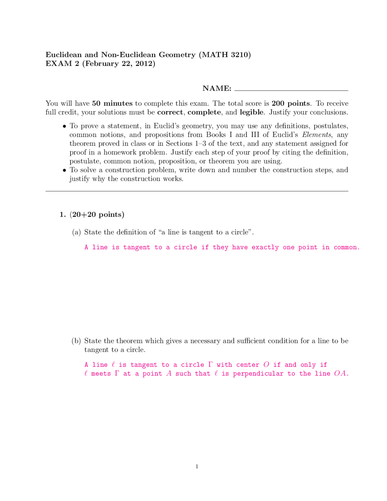 Old Exam 2 With Answers Euclidean And Non Euclidean Geometry Math