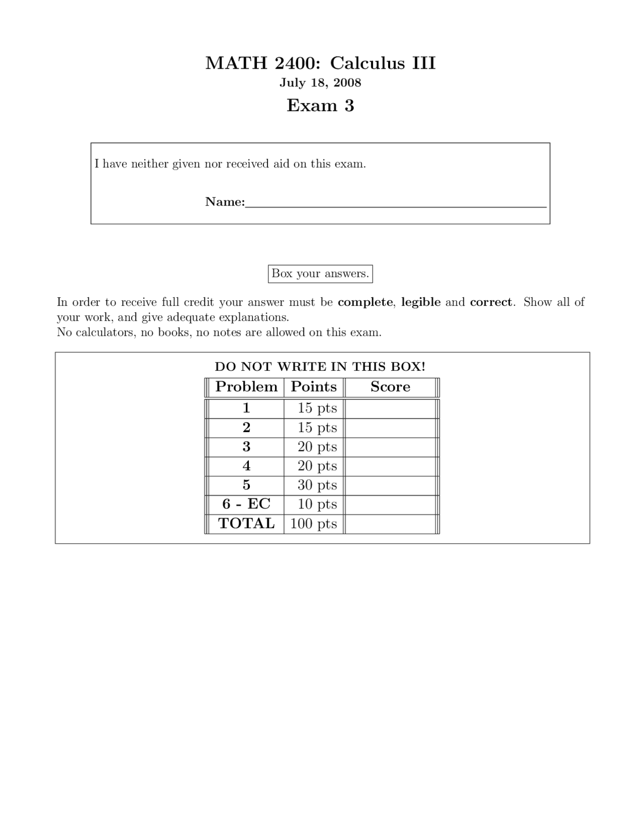 Exam 3 - Analytic Geometry and Calculus 3 - 6 Problems | MATH 2400 | Exams Analytical Geometry ...