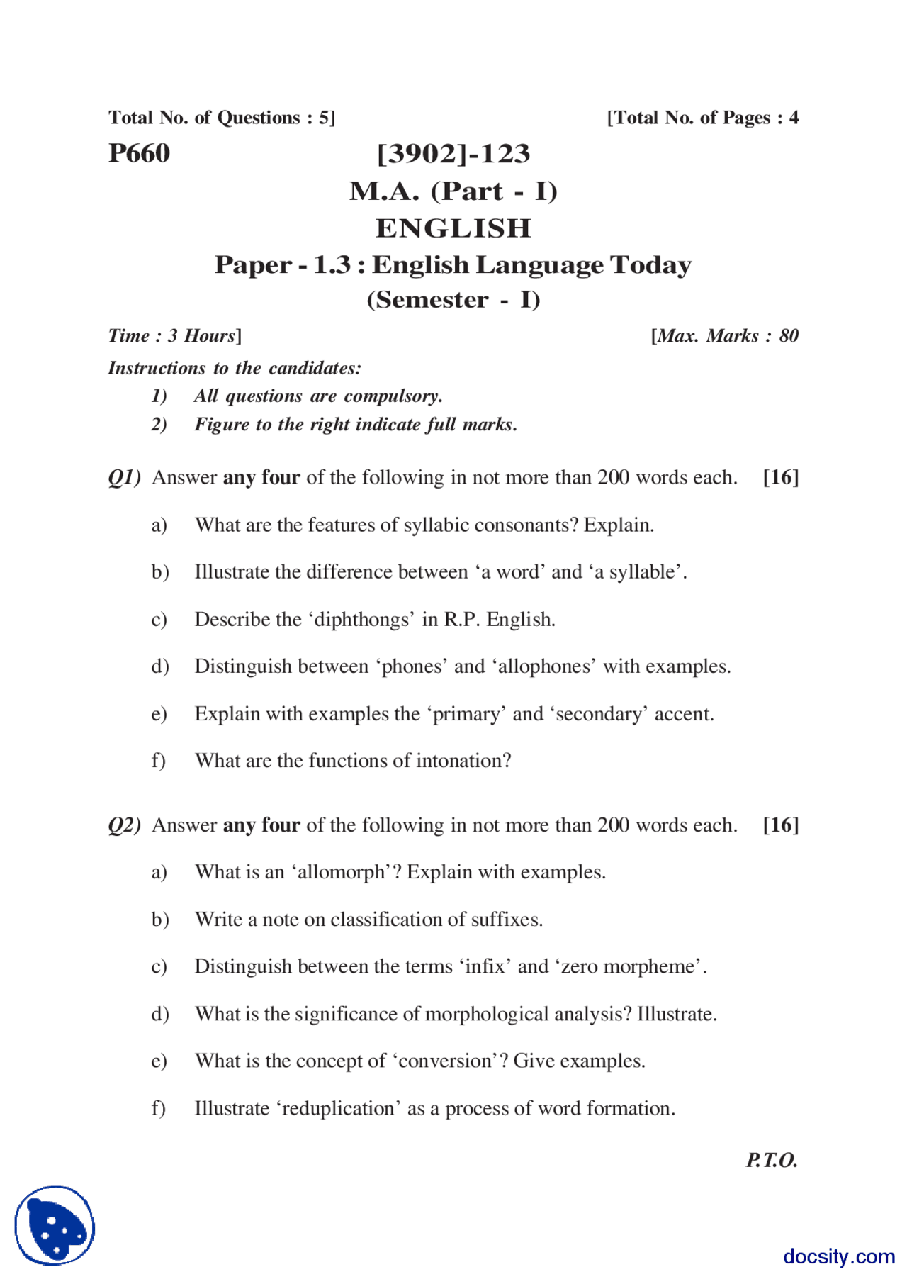 Consonants, Inflection of Adjectives-English Language-Exam Paper - Docsity