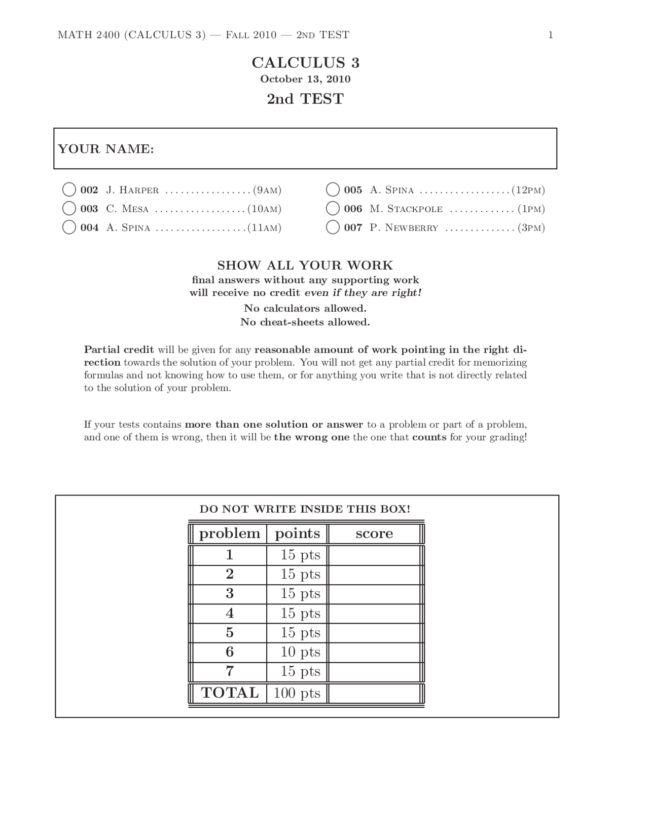 Test 2 Questions With Solutions Analytic Geometry And Calculus 3