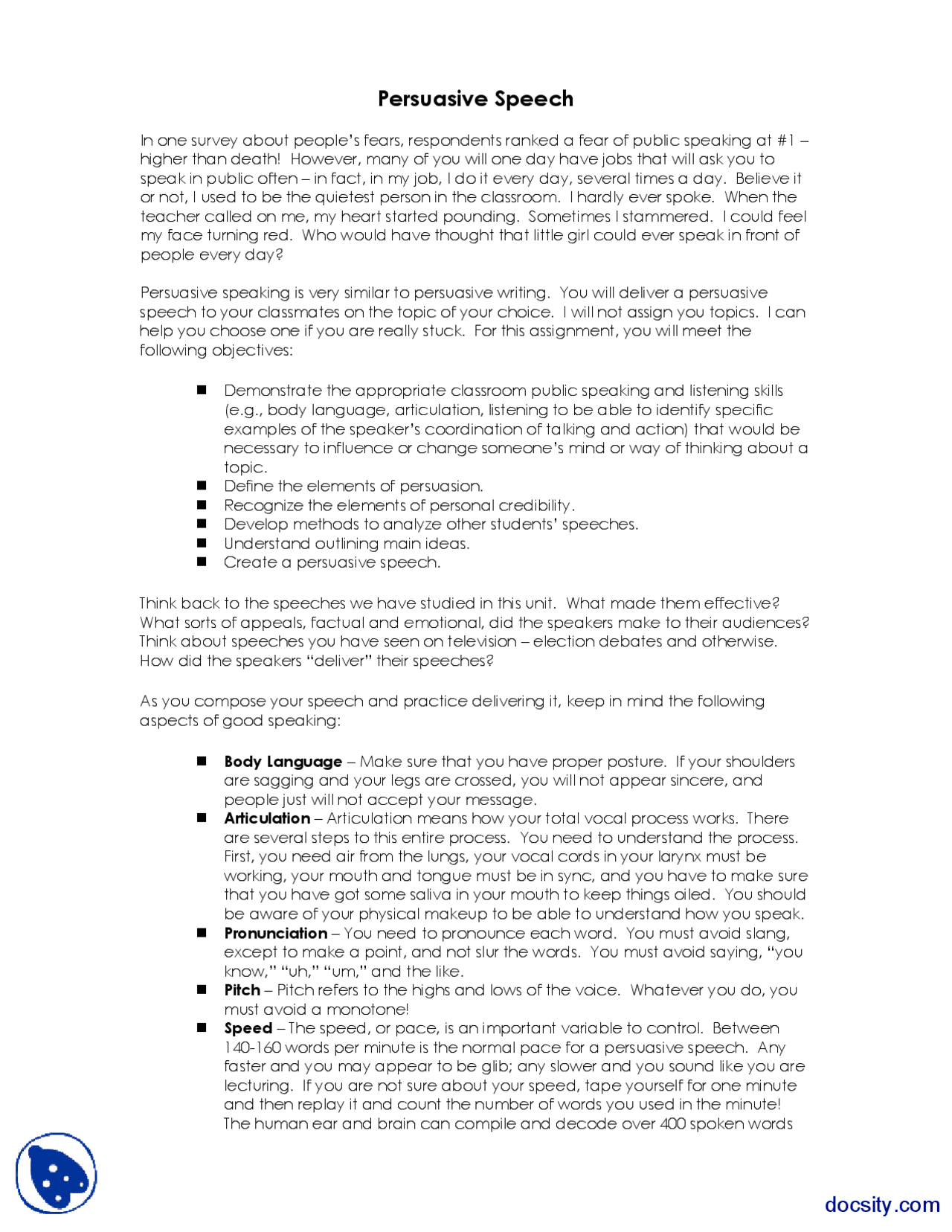 Persuasive Speech Communication Skills Lecture Notes Docsity