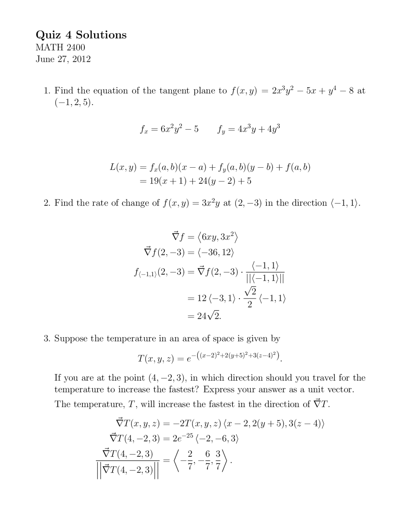 Quiz 4 With Solutions Analytic Geometry And Calculus 3 Math 2400