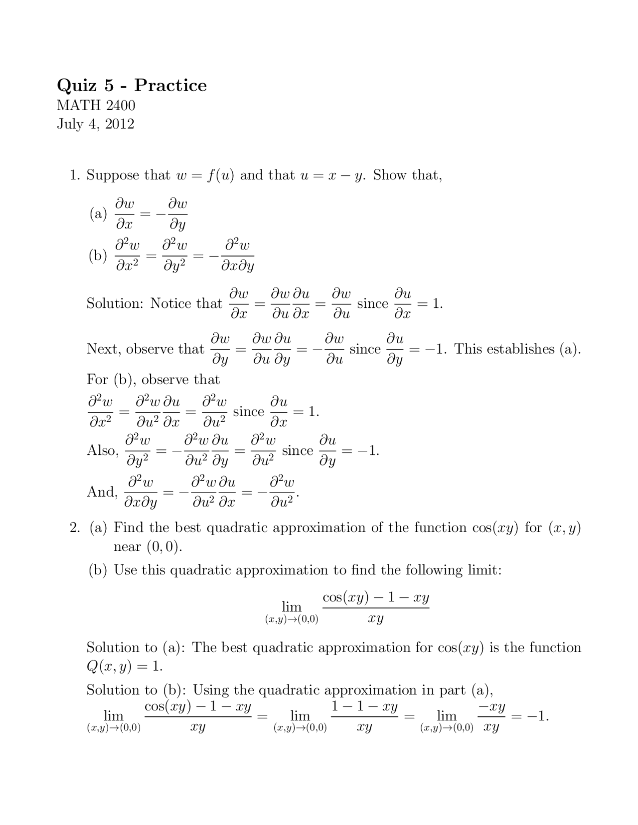 Practice Quiz 5 With Solutions Analytic Geometry And Calculus Iii