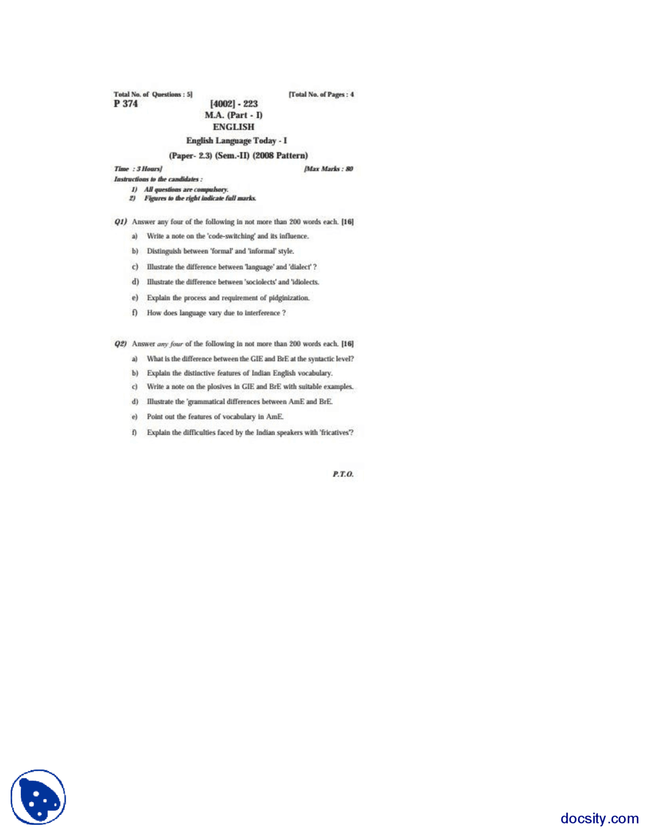 Vocabulary And Pragmatics English Language Exam Paper Docsity