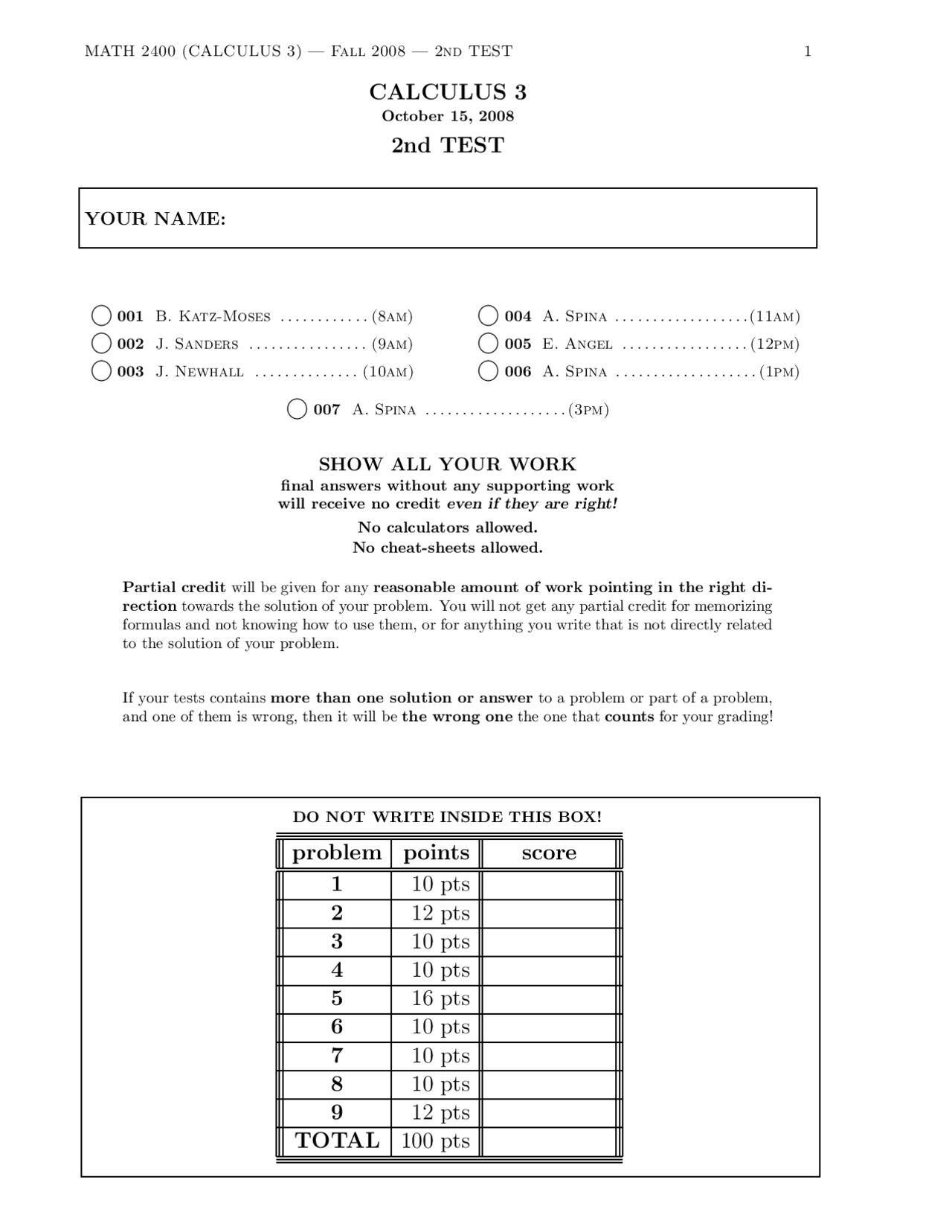 Test 2 With Solution Analytic Geometry And Calculus 3 Math 2400