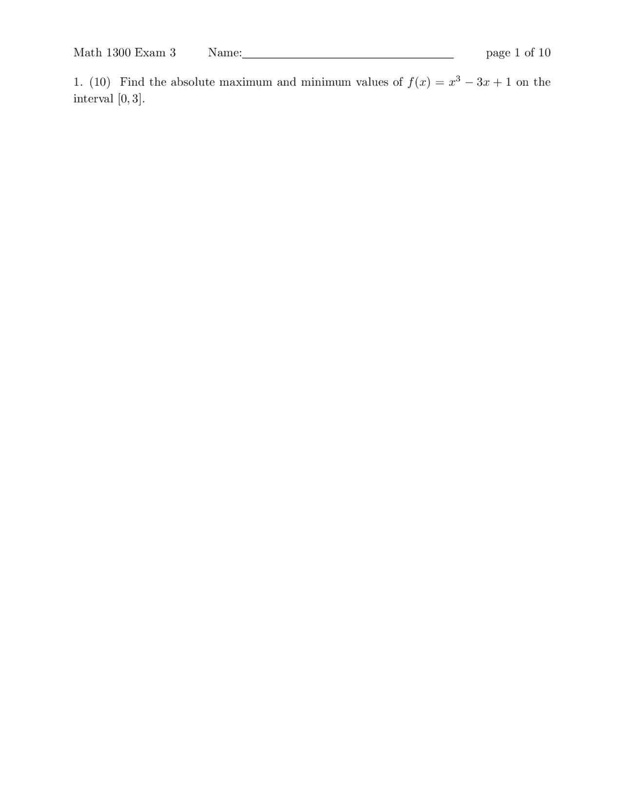 8 Problems On Analytic Geometry And Calculus 1 Exam 1 Math 1300