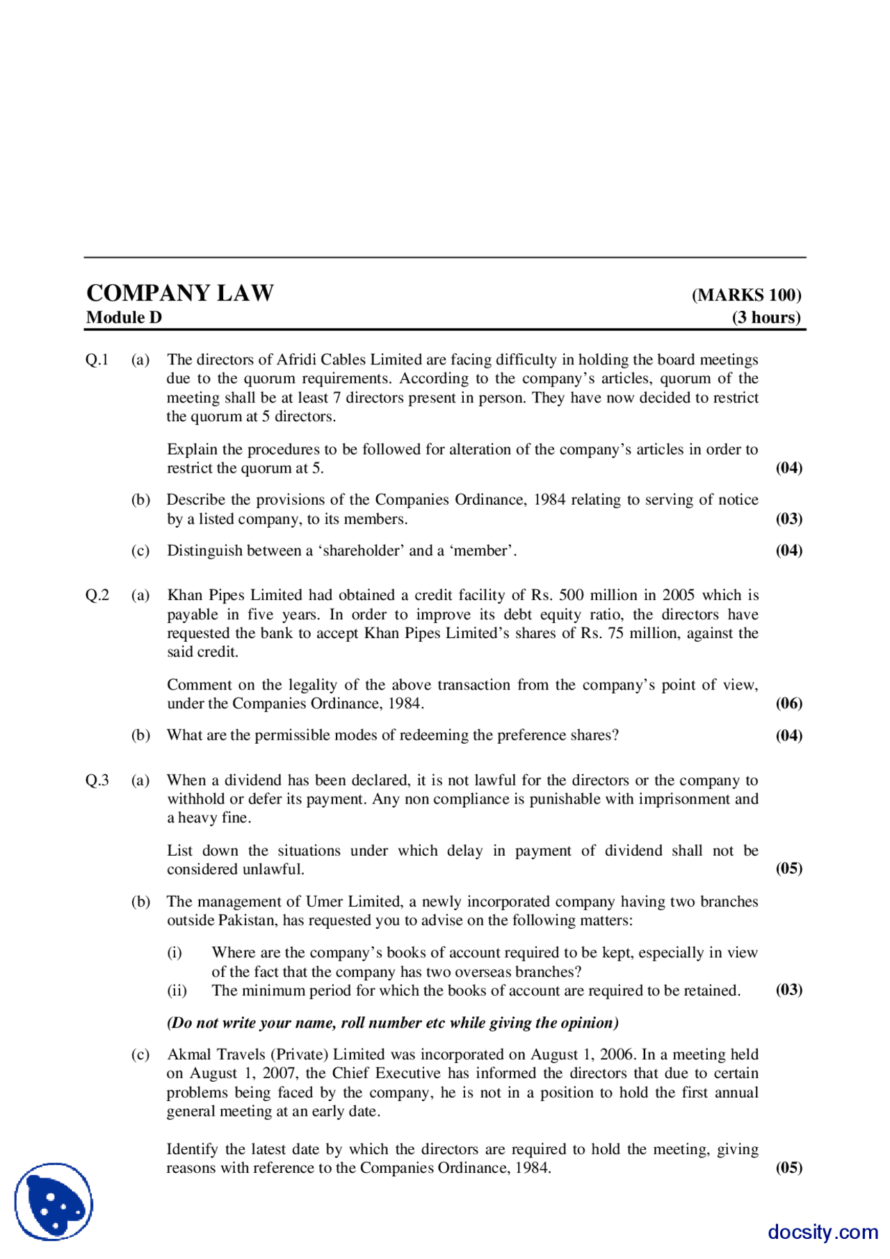Company Law Exam Questions and Answers | Exams Corporate Law | Docsity