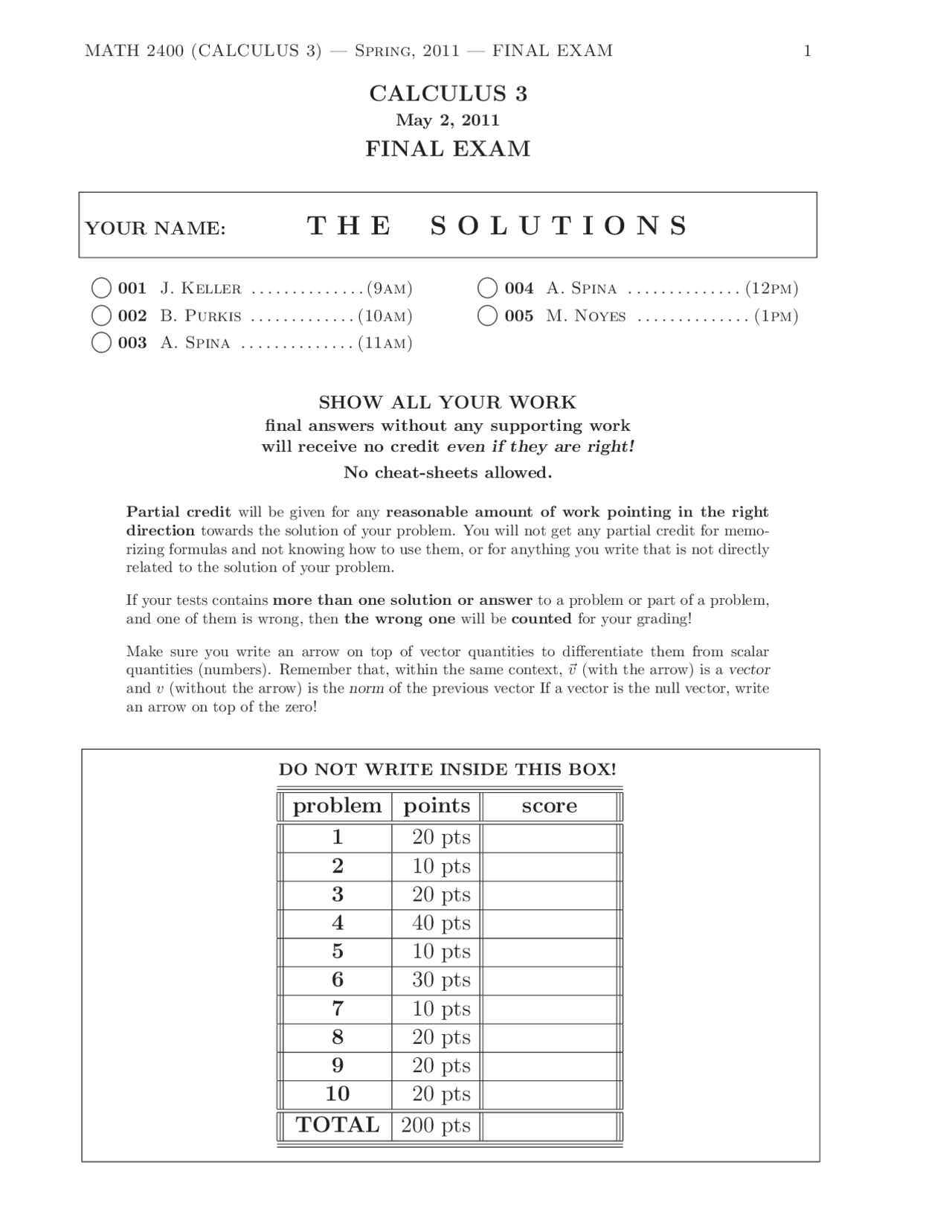 Analytic Geometry And Calculus 2 Solutions To Final Exam Math 2400