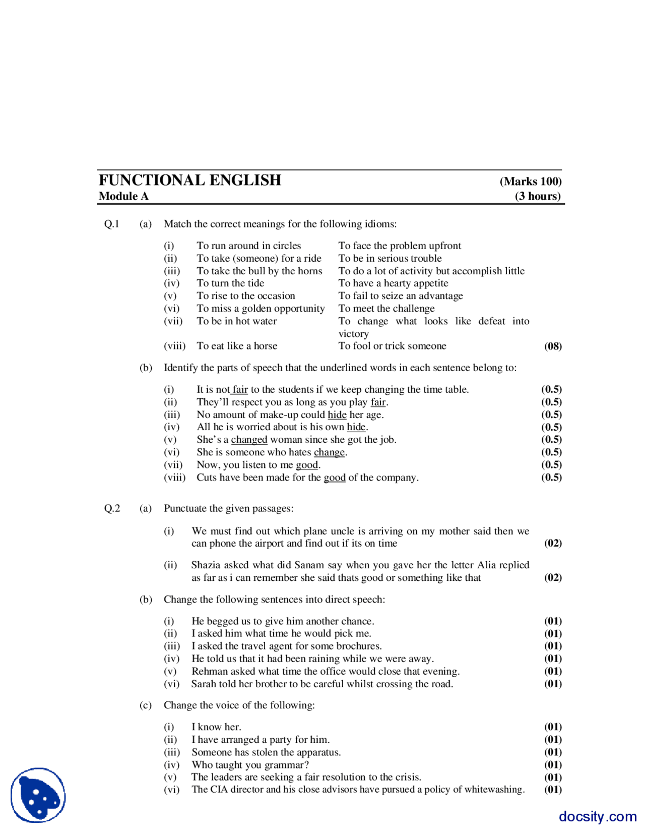 Idioms Part 1-Functional English-Exam Paper - Docsity