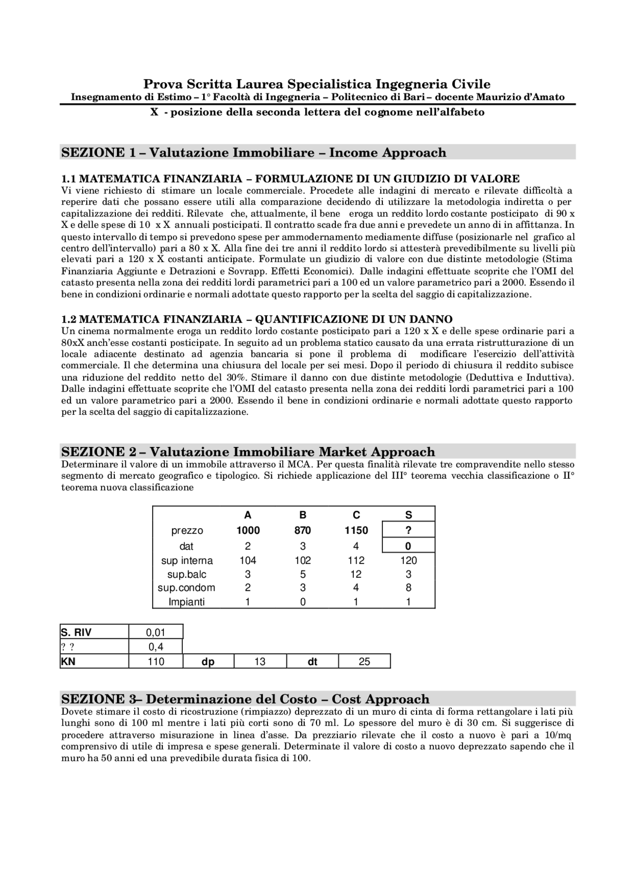 Esame Di Ingegneria Civile Esercizi Estimo Docsity
