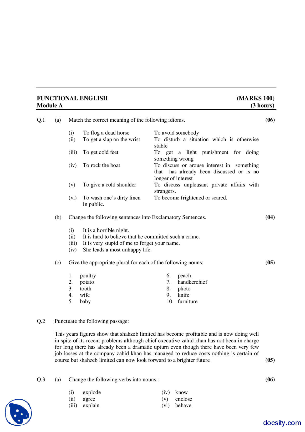Corrections Functional English Exam Paper Docsity