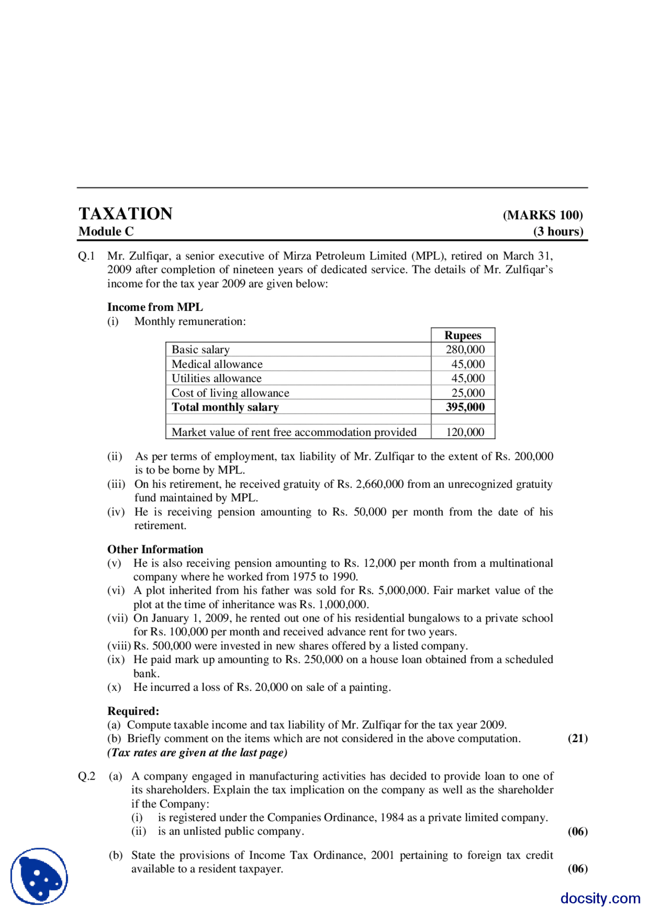 Calculation of Tax Part 4-Taxation-Exam Paper - Docsity
