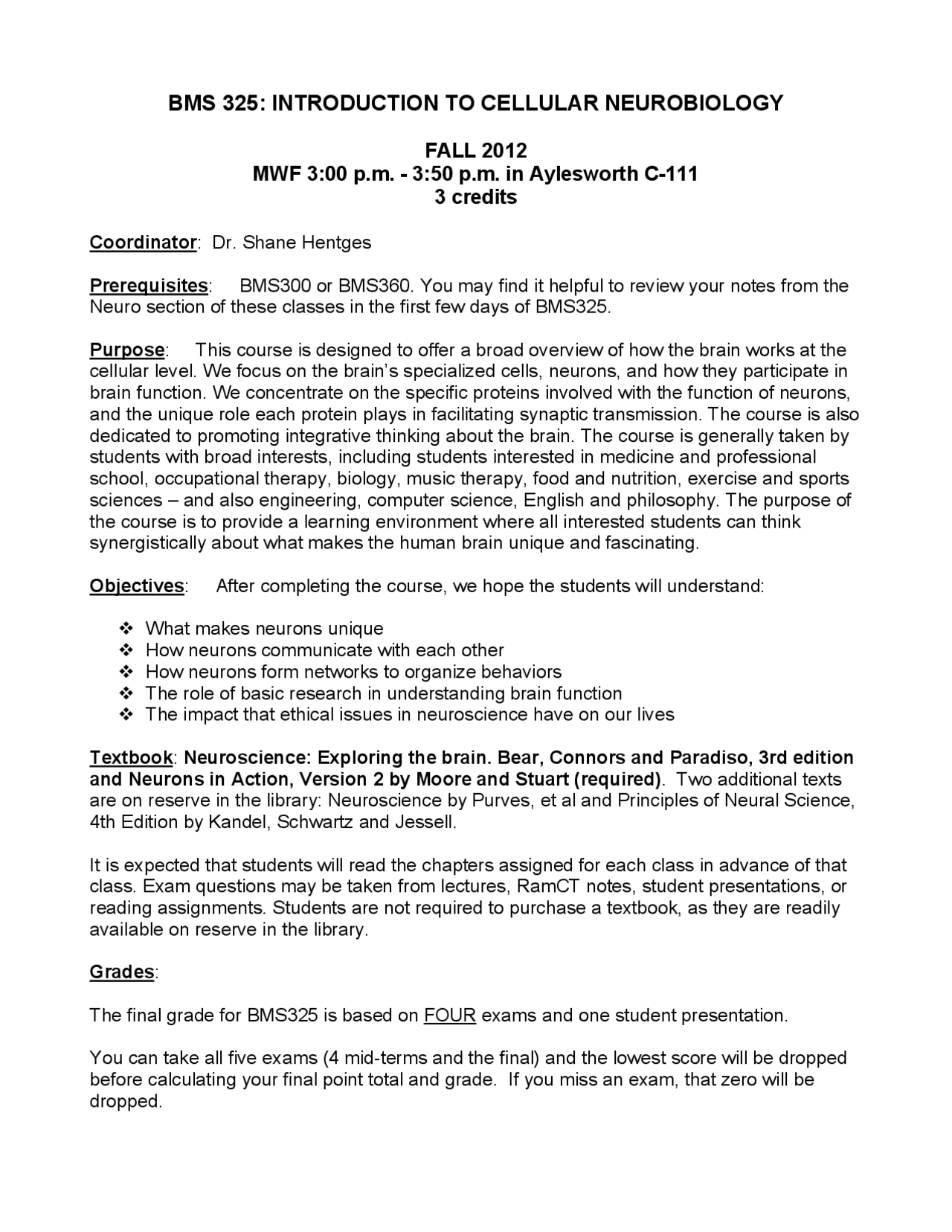 Syllabus Of Introduction To Cellular Neurobiology Class Material