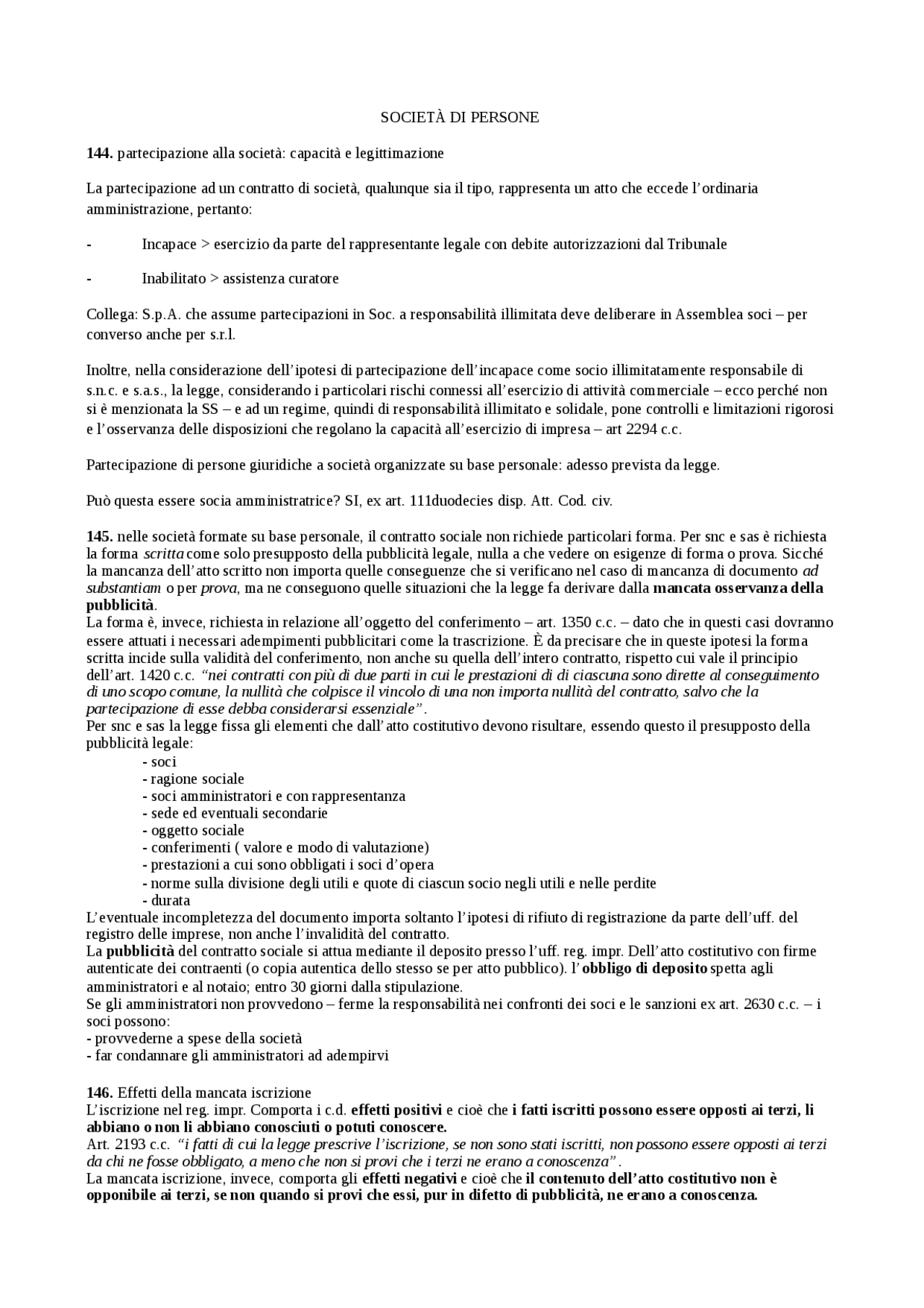 Appunti Di Diritto Commerciale SocietÀ Di Persone Docsity