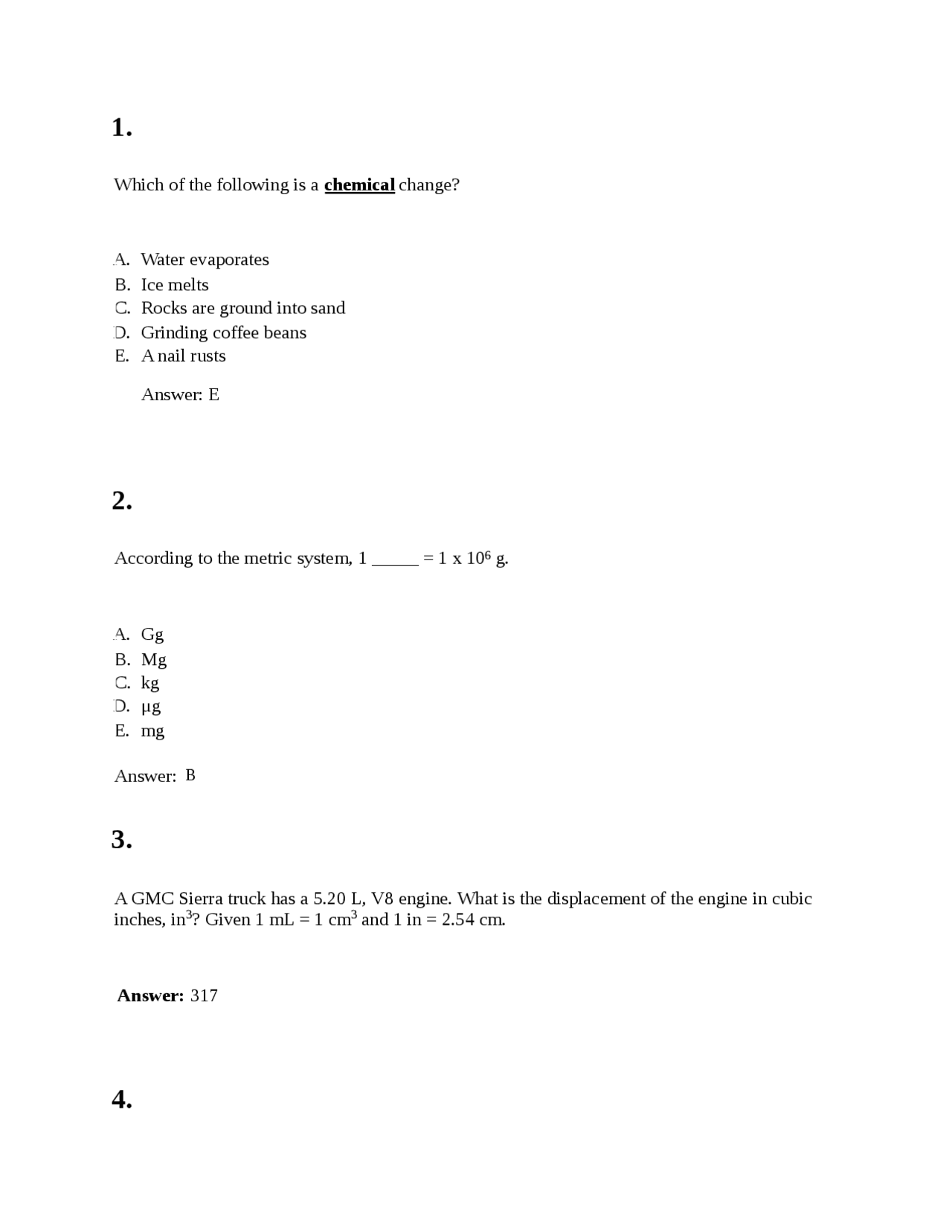 Chemistry Quiz 1 Properties of Matter | Exams Chemistry | Docsity