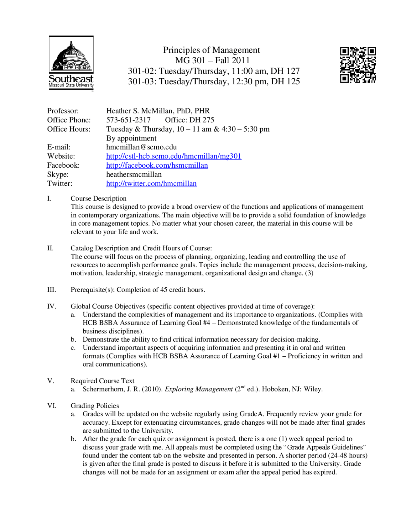 Course Outline - Principles of Management - Fall 2011 | MG 301 - Docsity