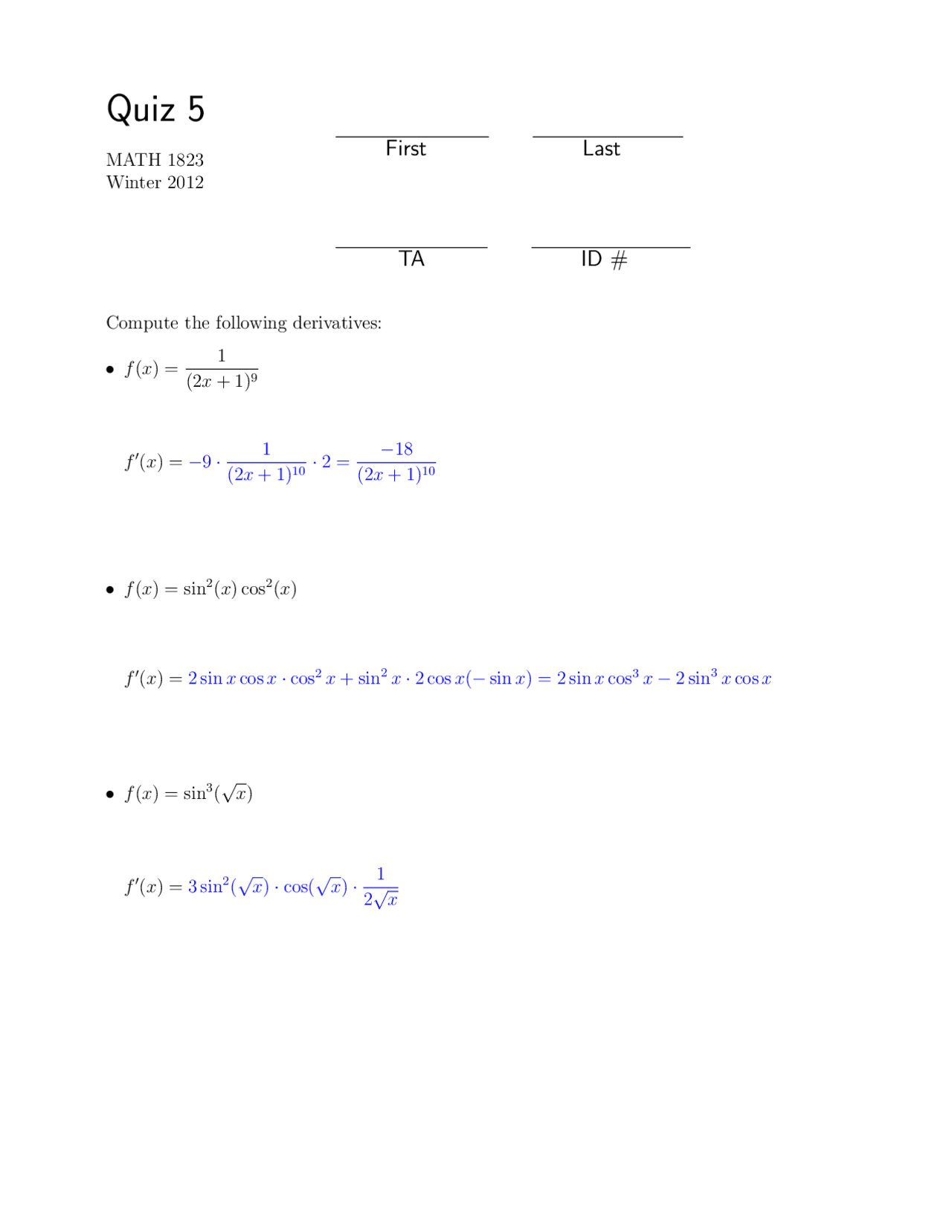 Problems On Compute The Derivatives Quiz 5 Math 1823 Docsity