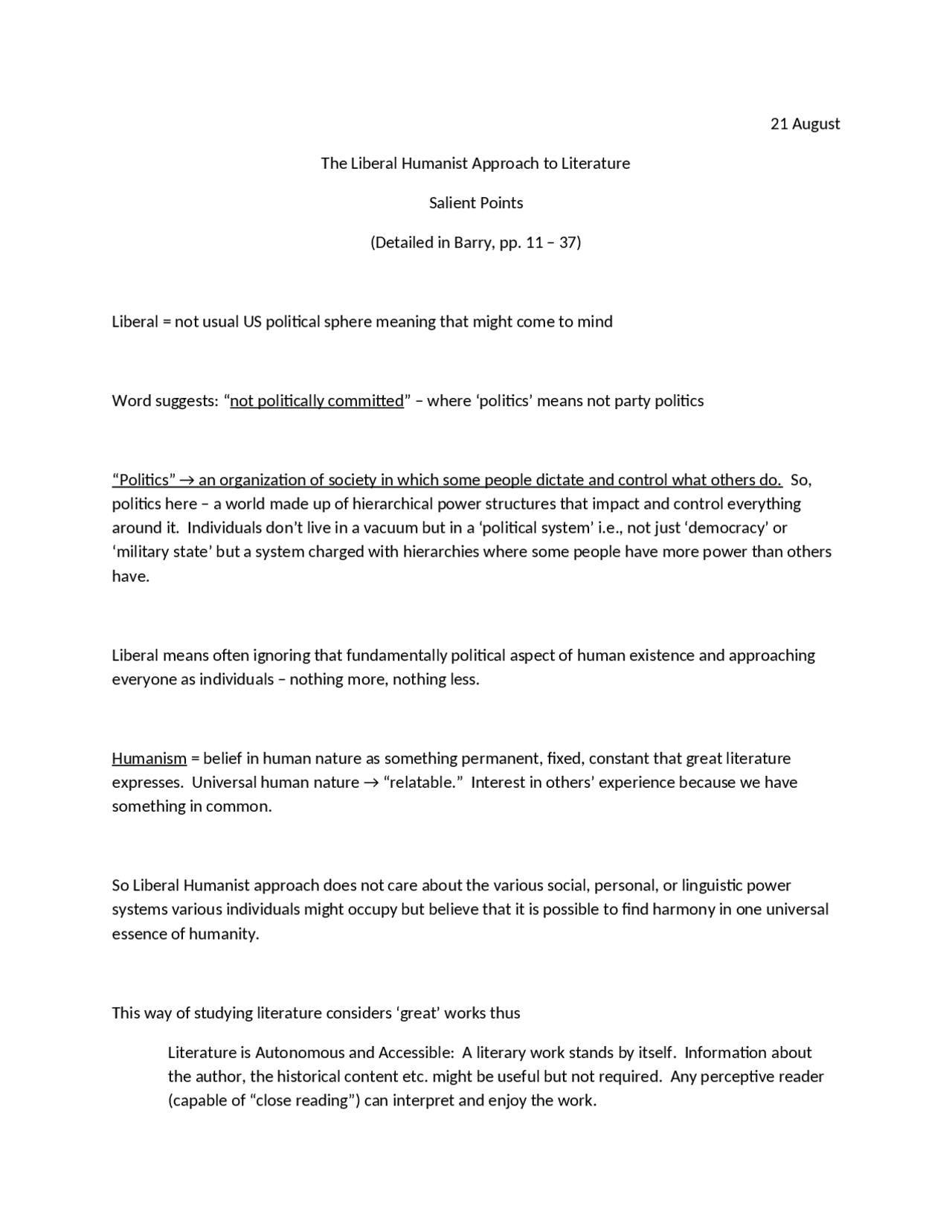 The Liberal Humanist Approach to Literature - Handout | E 341 - Docsity