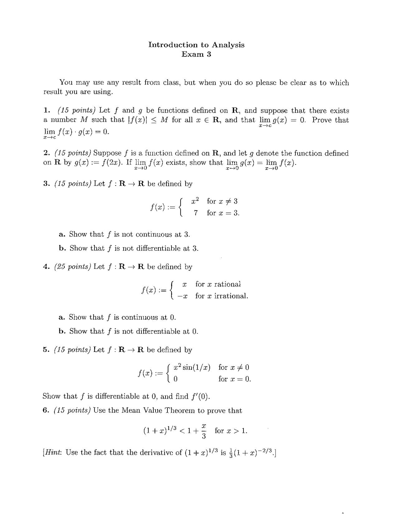 Examination 3 Introduction To Analysis I Math 4433 Docsity