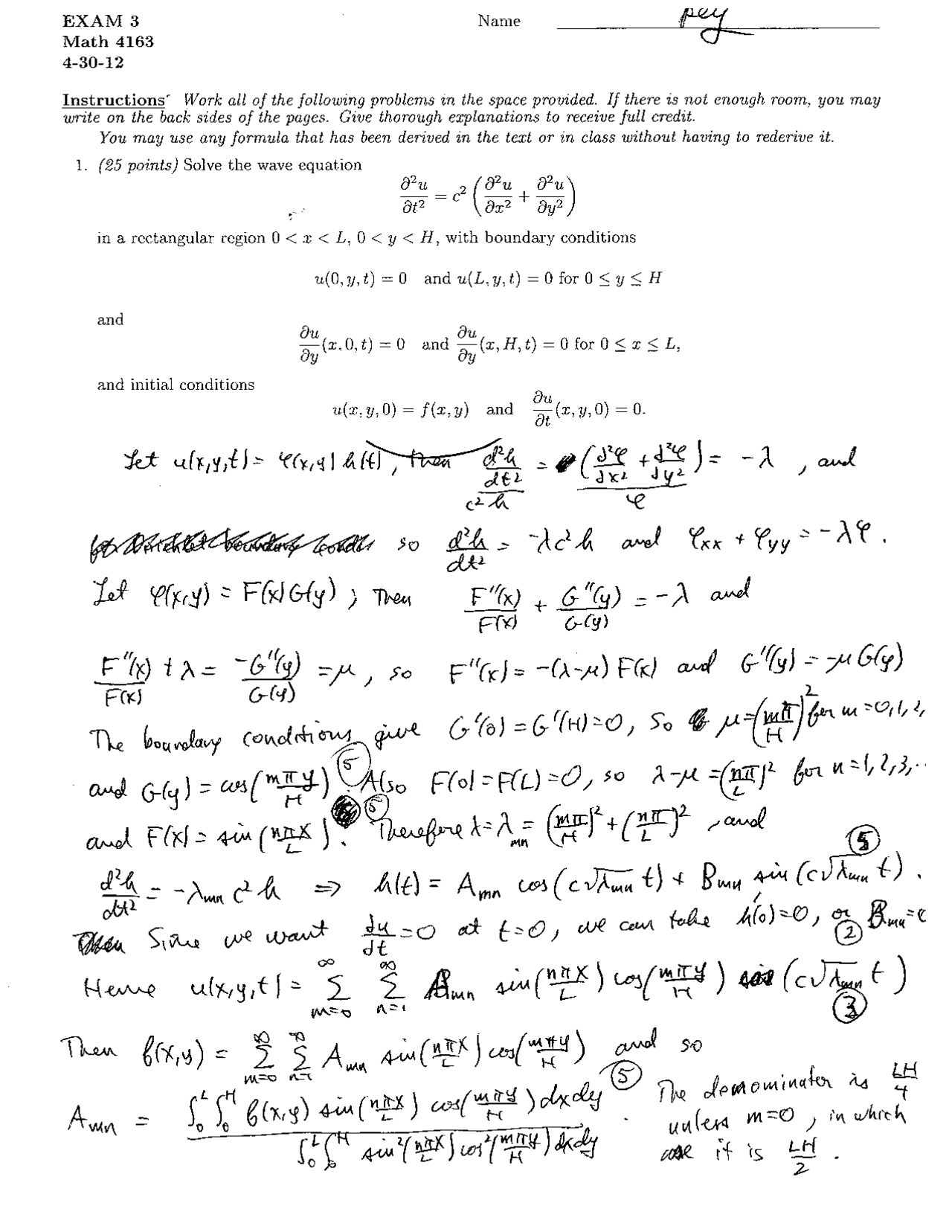 Exam 3 Solutions Introduction To Partial Differential Equations