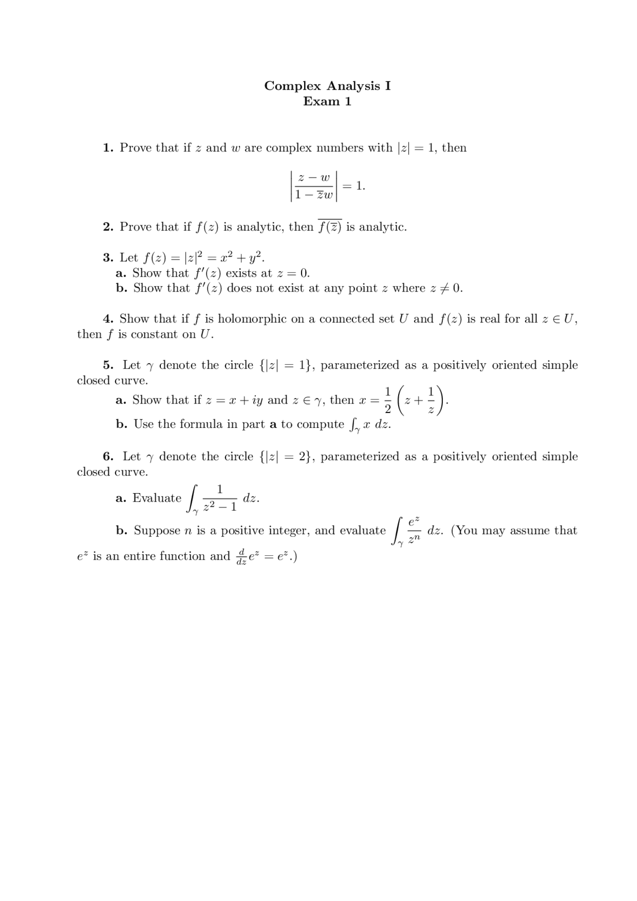 Exam I Questions For Complex Analysis I Math 5423 Docsity