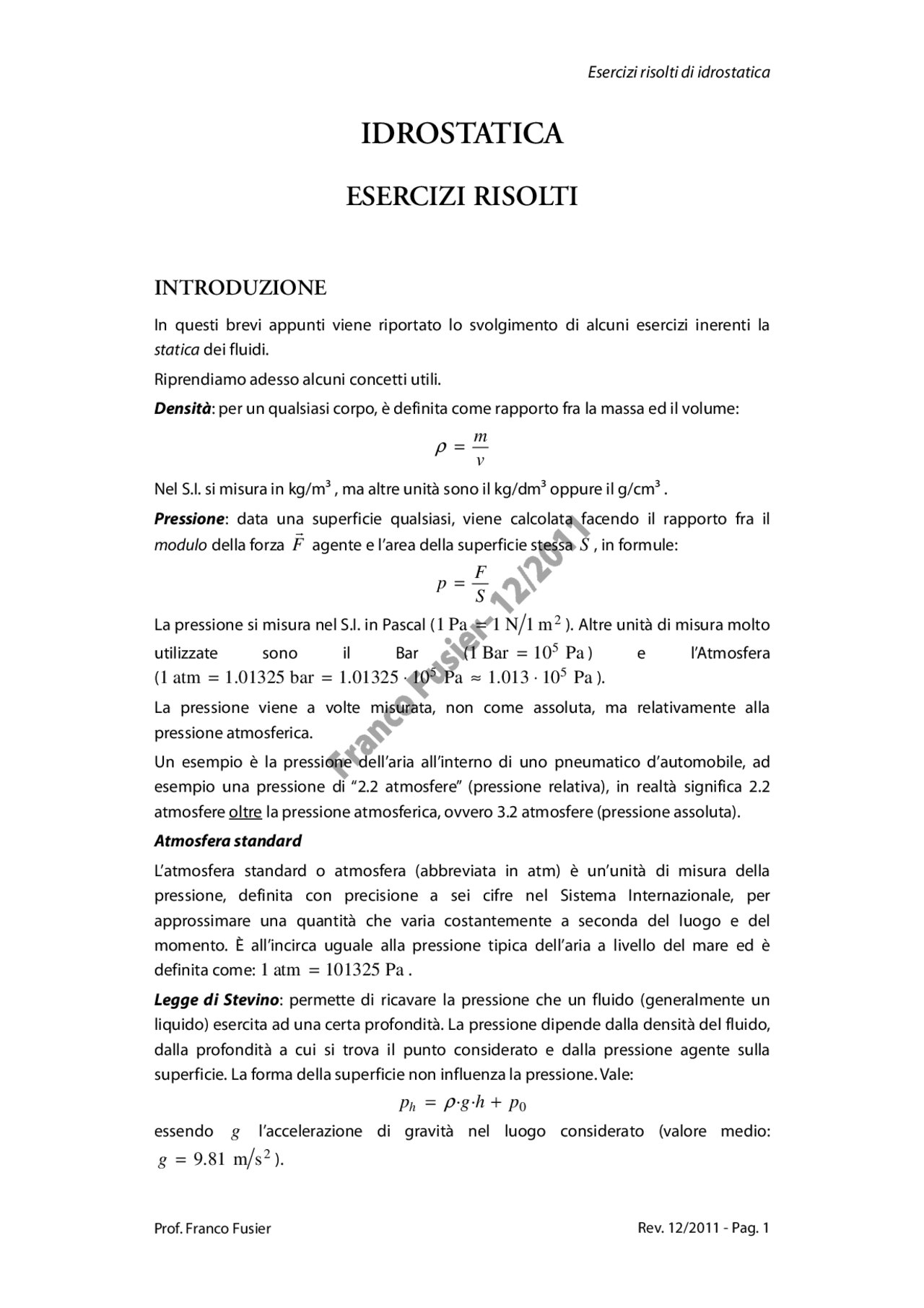 Esercizi Risolti di Idrostatica | Esercizi di Idraulica | Docsity