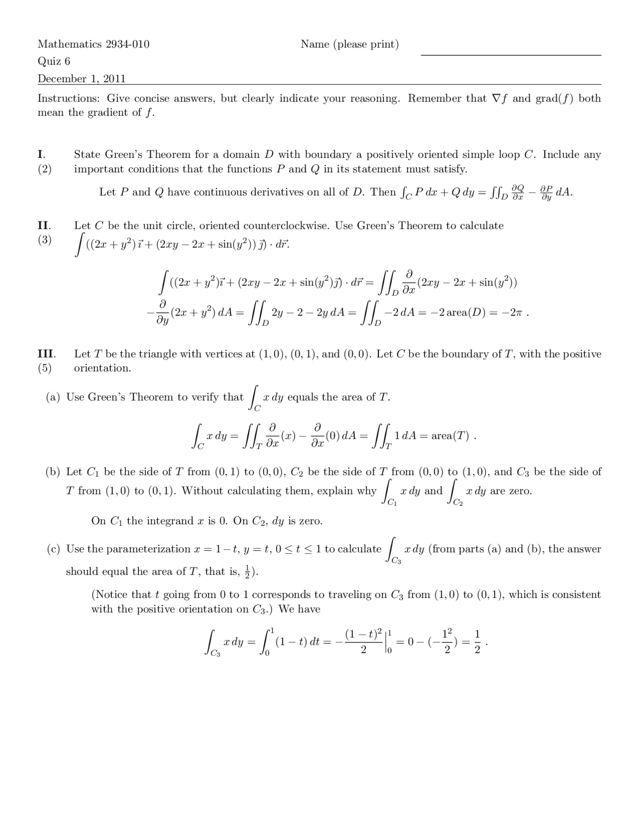 Green's Theorem and Vector Calculus Quiz Solutions - Prof. Darryl ...
