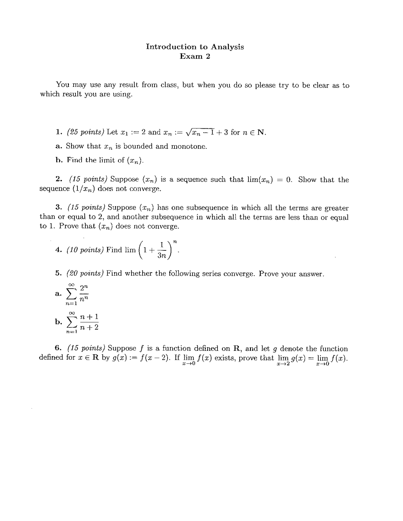 Exam 2 For Introduction To Analysis I Math 4433 Docsity