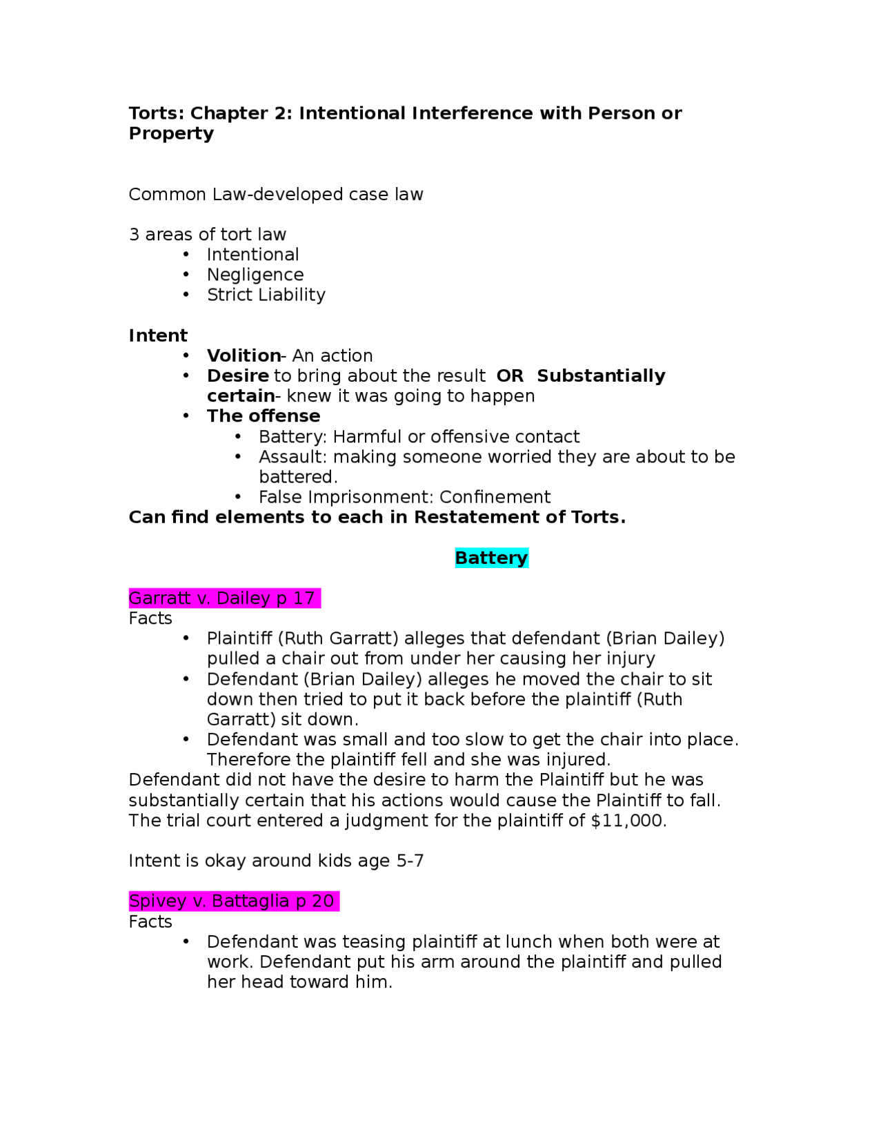 Torts-Intent Battery Assault - Docsity