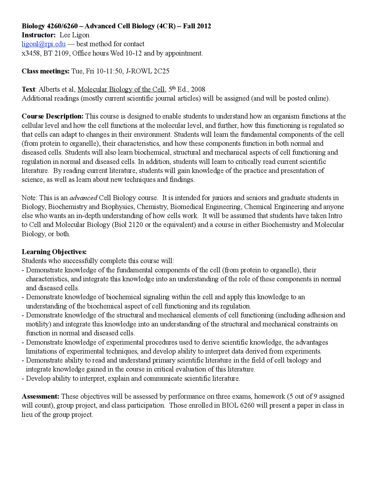 Advanced Cell Biology: Biology 4260/6260 Fall 2012 Course Outline ...